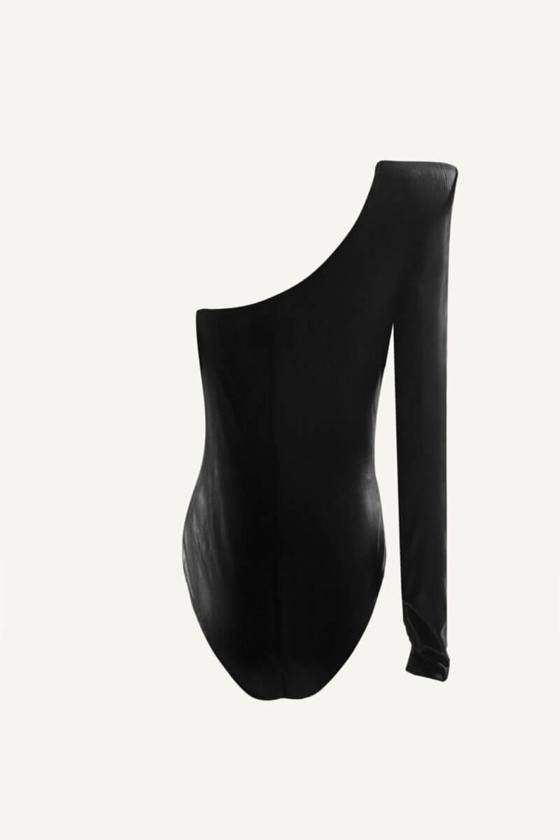 One shoulder bodysuit in shiny black - EPUZER.COM